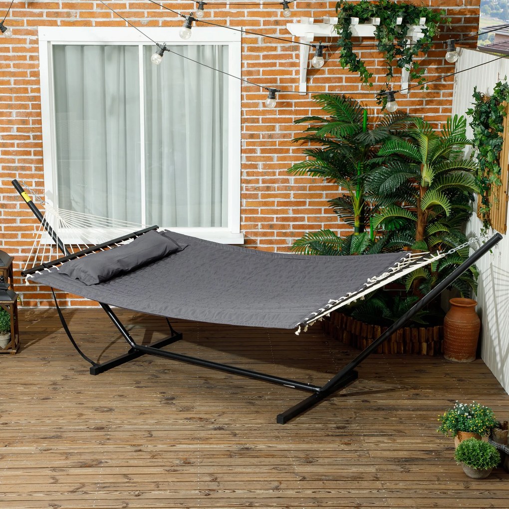Houpací síť Outsunny se stojanem a polštářem, ocelový stojan s rozšiřovacími tyčemi, ideální pro kempování a pláž, tmavě šedá