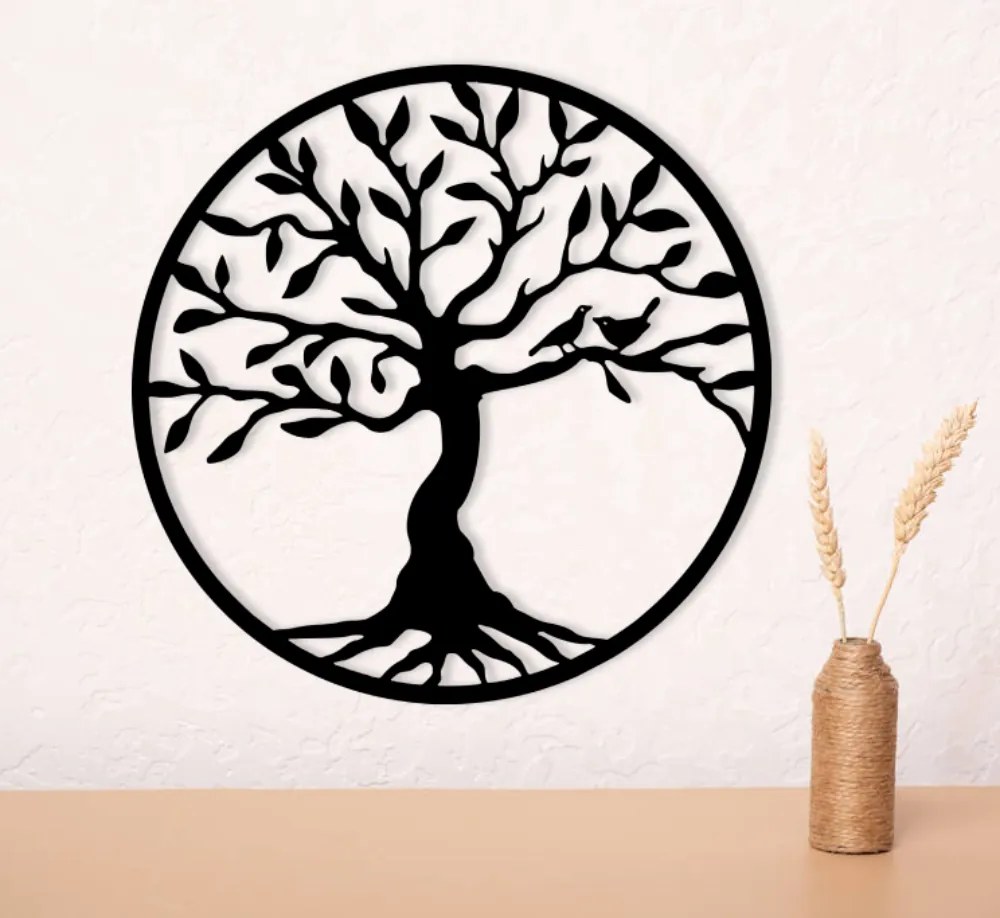 Strom života s ptáčky - dřevěný obraz na zeď od 2opice.cz Materiál: ČERNÝ EBEN, Velikost (mm): 480 x 480