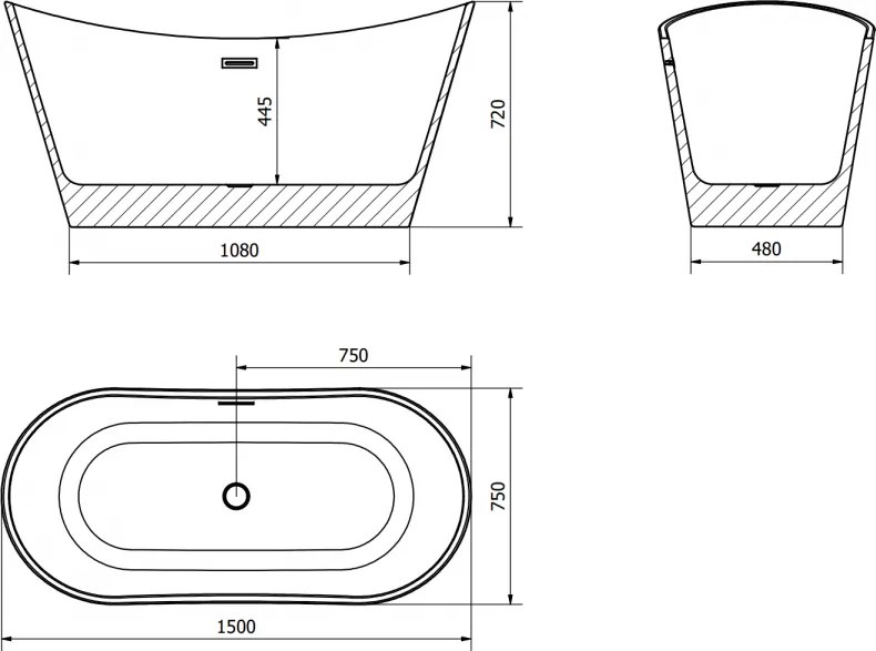 Mexen Montana, volně stojící vana 150 x 75 cm, bílá-černá, zlatý lesklý přepad, 52011507575-50