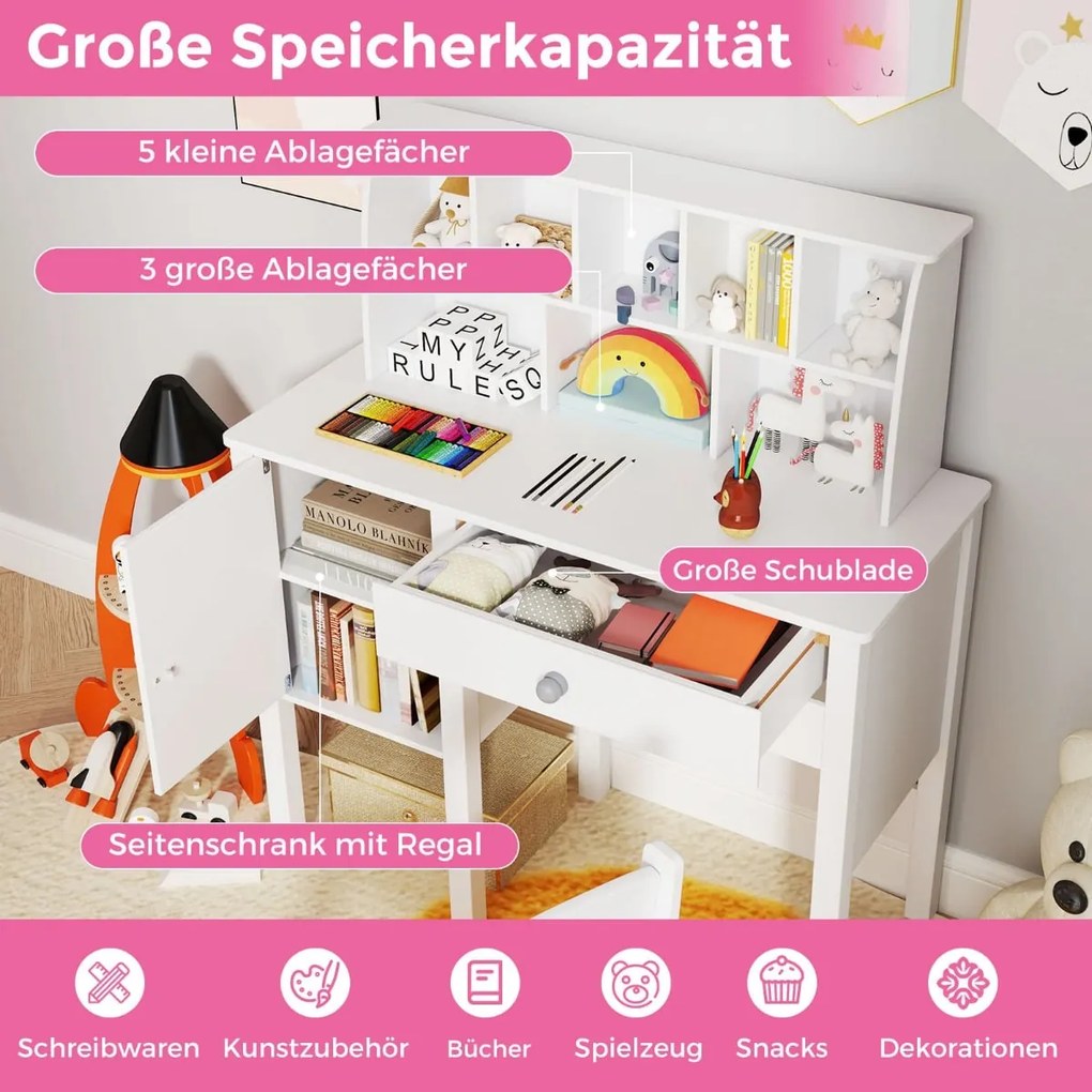 Costway Dětský stůl se židlí se zásuvkovou skříňkou a policí – 79 × 34 × 91 cm
