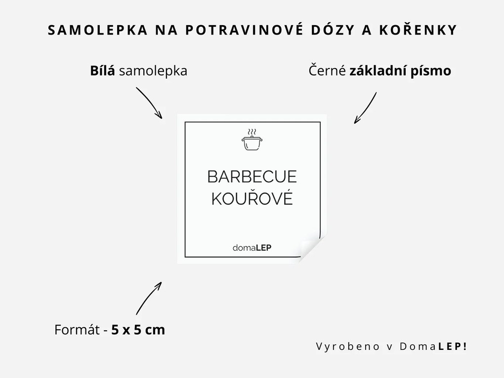 BARBECUE - omyvatelná samolepka na kořenky, výběr rozměrů Ø 5 cm / 5 x 5 cm / 6 x 8 cm | DomaLEP tvar: OBDÉLNÍK, barva: BÍLÁ - ČERNÉ písmo, velikost: š. 6 cm x v. 8 cm – základní písmo