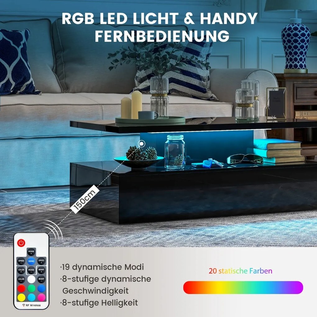 Costway LED konferenční stolek Moderní 2patrový s vysokým leskem, černý