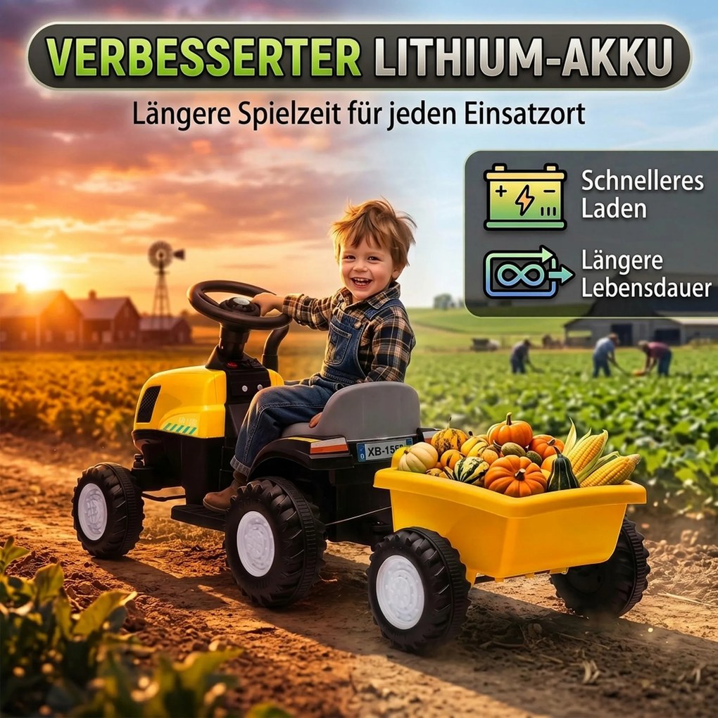 AIYAPLAY Elektrický dětský traktor s odnímatelným přívěsem, sedací traktor s lithiovou baterií, pedál na nohy, hudba, klakson, světlo, žlutá