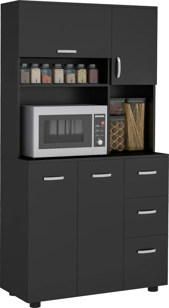 HOMCOM Víceúložná Kuchyňská Skříň se 4 Dveřmi a 3 Zásuvkami, Police + Velká Pracovní Deska 89L x 39,5W x 168H cm Černá