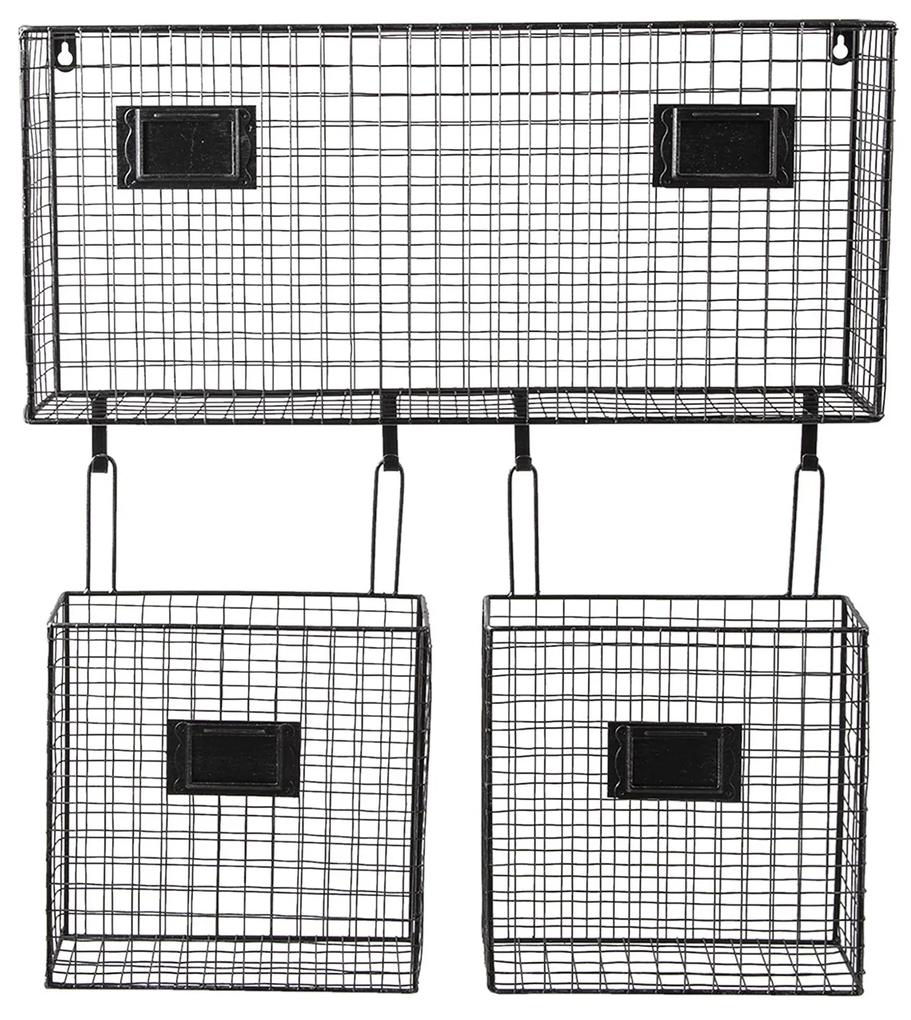 Černý kovový nástěnný stojan Set s košíky - 56*12*65 cm