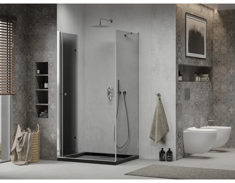 Mexen Lima, sprchový kout se skládacími dveřmi 100 (dveře) x 80 (stěna) cm, 6mm šedé sklo, chromový profil + slim sprchová vanička černá + chromový sifon, 856-100-080-01-40-4070
