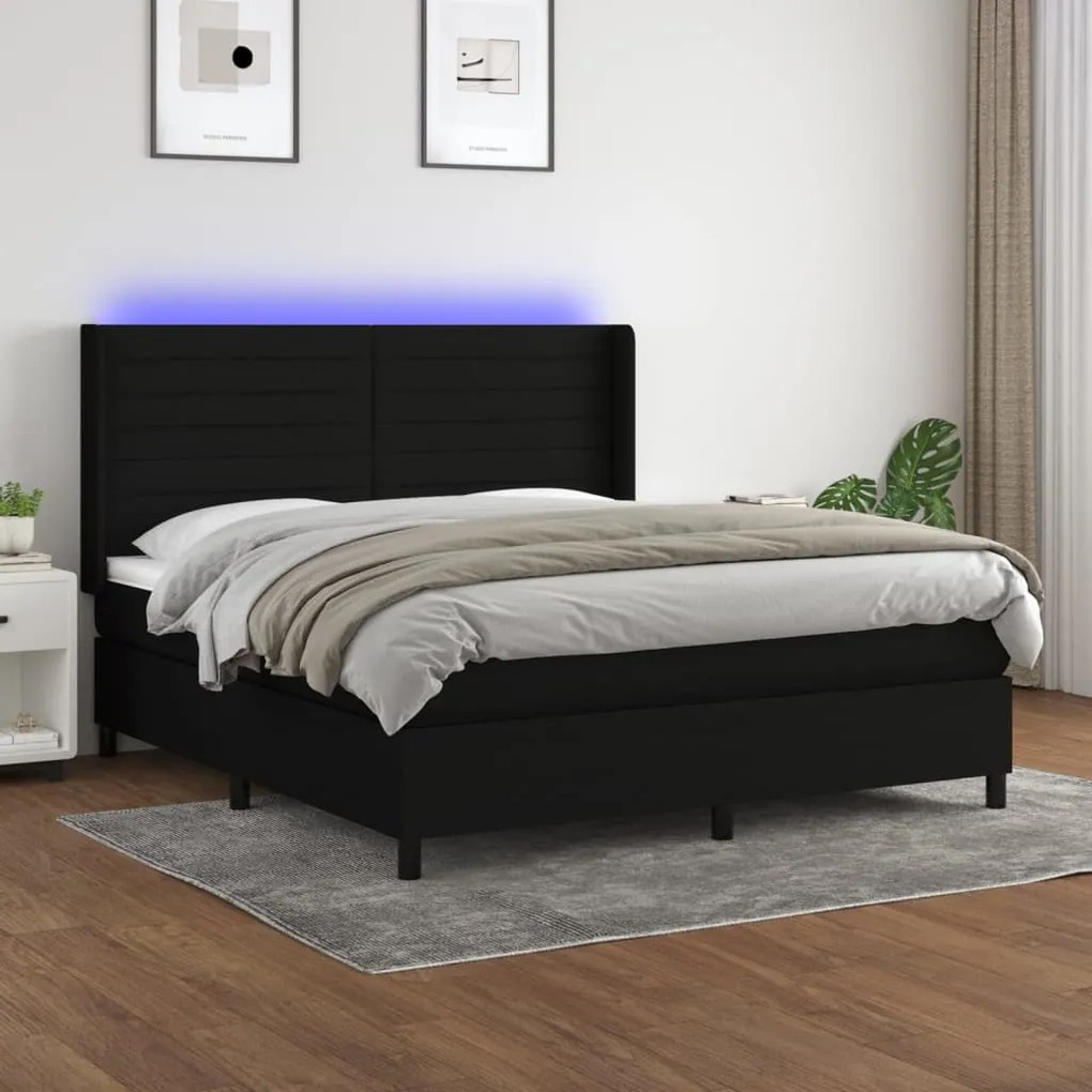 Box spring postel s matrací a LED černá 180x200 cm textil