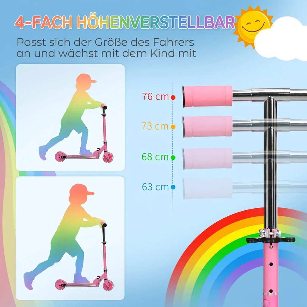 HOMCOM Dětská koloběžka s LED koly, 124 mm kolečka, skládací, výškově nastavitelná, s hudbou, zadní brzda, růžová