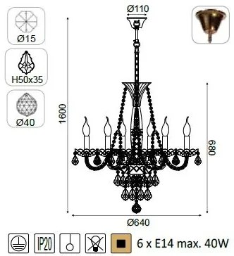 ACA DECOR Křišťálový lustr LILIUM max. 6x40W/E14/230V/IP20, zlatý