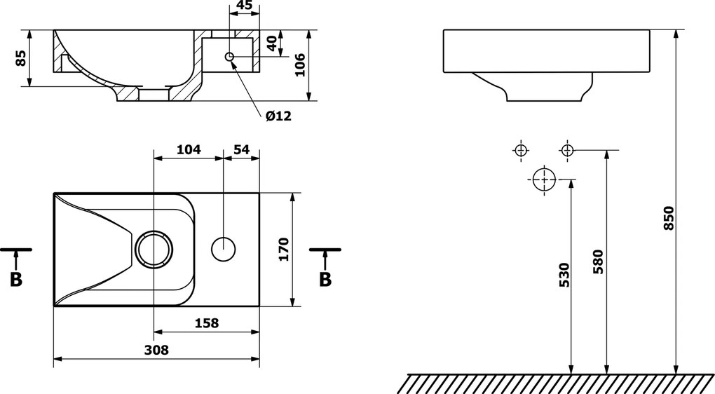 Sapho Piccolino betonové umývátko 30,8 x 10 x 17 cm baterie vpravo šedá PK30517