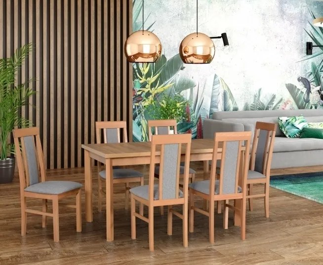 Drewmix jídelní sestava DX 6 odstín lamina (deska stolu) artisan, odstín dřeva (židle + nohy stolu) grandson, potahový materiál látka s doplatkem