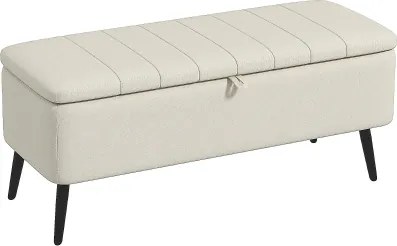 HOMCOM sedací lavice s úložným prostorem, čalouněná lavice s lněným vzhledem, sedací truhla s kovovými nohami 102 x 40 x 44 cm, krémově bílá