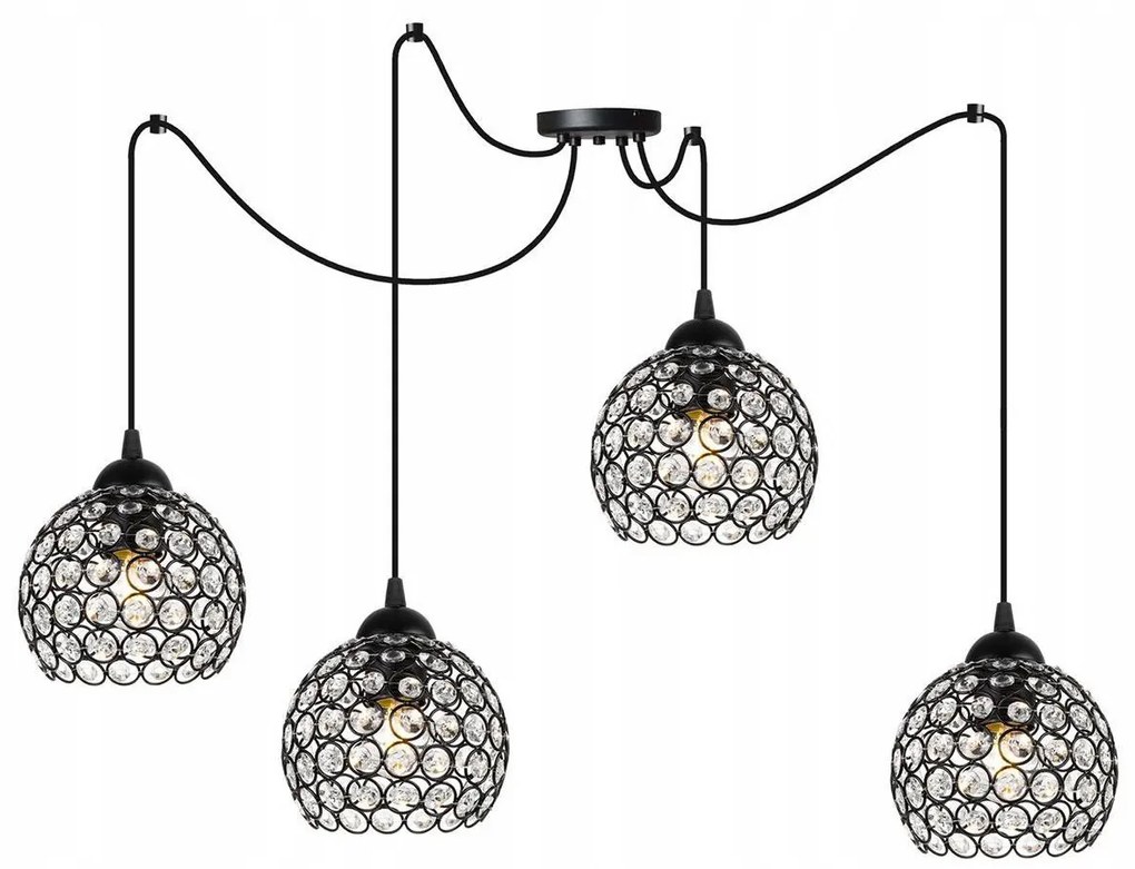 Závěsné svítidlo Crystal Spider, 4x černé křišťálové stínítko
