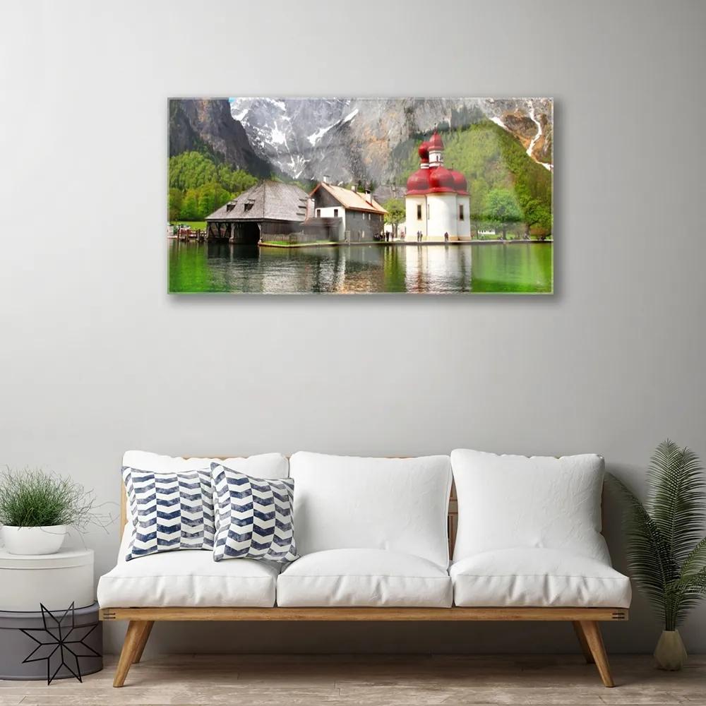 Obraz na skle Hora Strom Dům Krajina 125x50 cm
