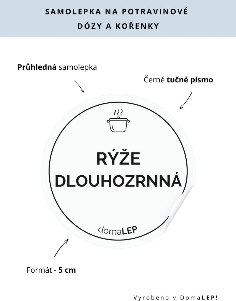 RÝŽE DLOUHOZRNNÁ – průhledná samolepka na dózu, tučnépísmo, 5 cm | DomaLEP
