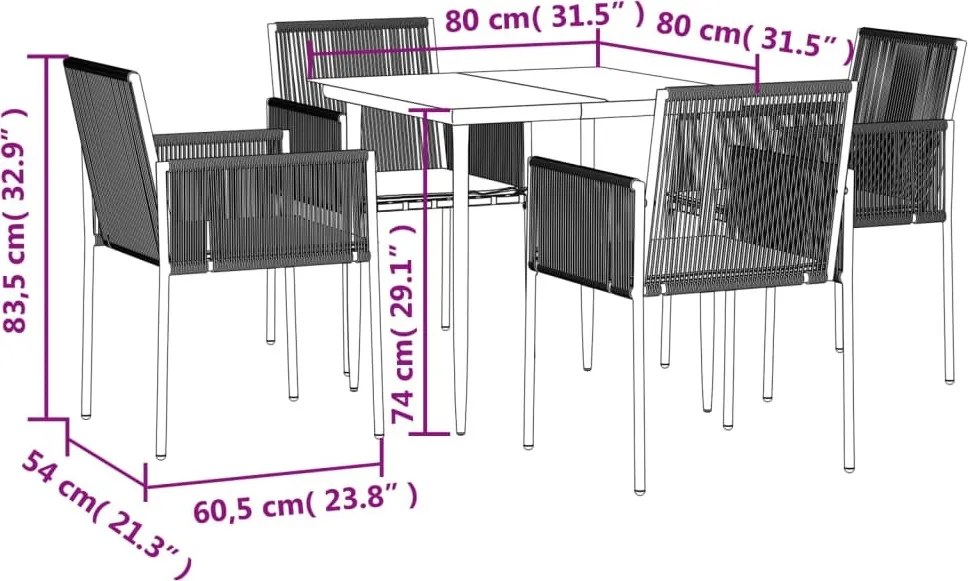 vidaXL 5dílný zahradní jídelní set s poduškami černý polyratan a ocel [3187066]