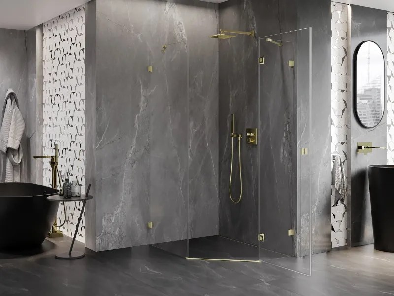 Mexen Lunar, pravý výklopný pětiúhelníkový sprchový kout 90 x 100 cm, 8mm čiré sklo, zlatý matný profil, 831-090P-100L-55-00-P