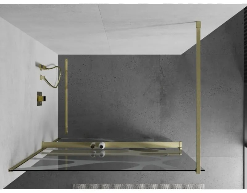 Mexen Kioto+, sprchová zástěna Walk-In s poličkou a věšákem 140 x 200 cm, 8mm čiré sklo bílý vzor, zlatý matný profil, 800-140-121-55-97