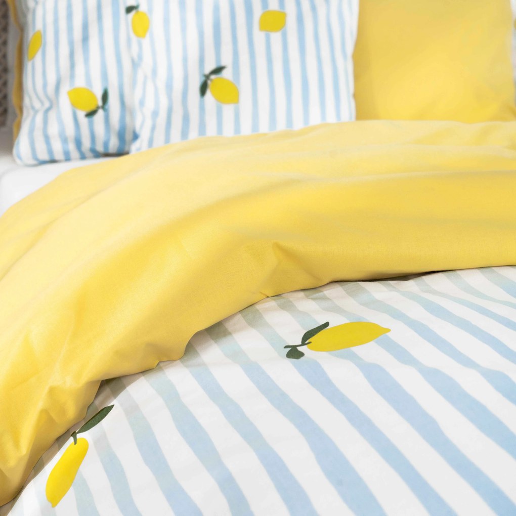 Goldea bavlněné povlečení duo - svěží citrony s proužky se žlutou 200 x 200 a 2ks 70 x 90 cm