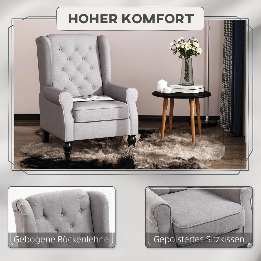 HOMCOM křeslo polohovatelné křídlo 74x86x102 cm, akcentní křeslo s čalouněním, dřevěné nohy, polyesterová šedá, stylové pohodlí pro váš domov