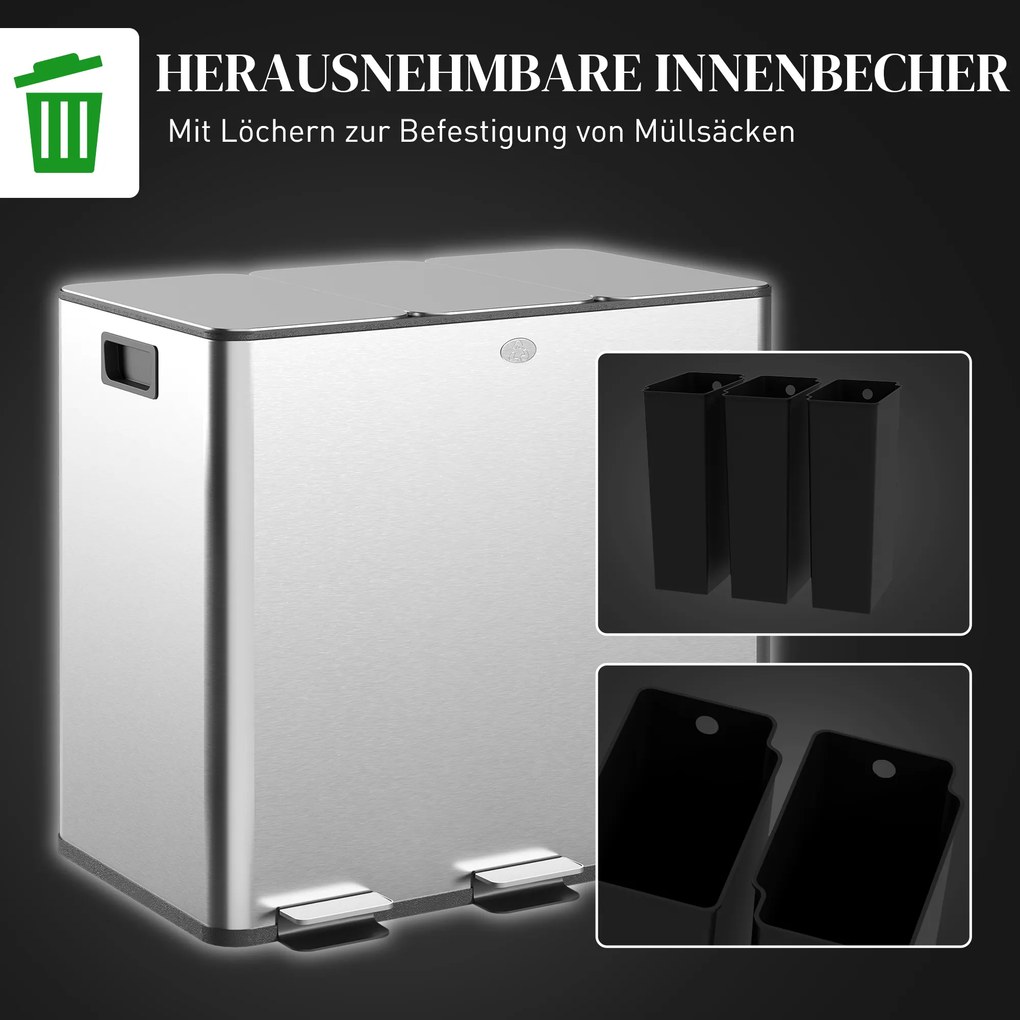 HOMCOM Kuchyňský Odpadkový Koš s 3 Přihrádkami 3x15L Nerezová Ocel s Měkkým Uzavíráním a Odnímatelnými Přihrádkami pro Recyklaci Odpadu