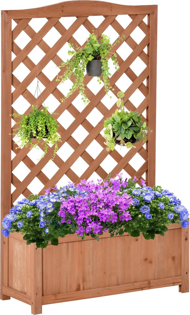 Outsunny Truhlík z masivního dřeva s treláží a podpěrou pro popínavé rostliny a květiny na balkon, terasu, zahradu 70x28x117 cm Hnědý | Aosom