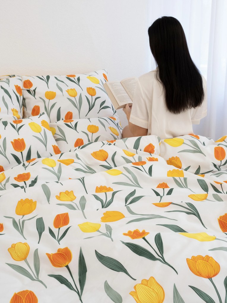 MK Lůžkoviny Prodloužené bavlněné povlečení Renforcé - Květy tulipánů oranžové 140 × 220 cm, 70 x 90 cm
