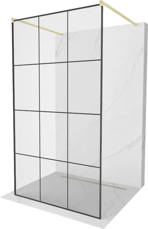 Mexen Kioto, sprchová zástěna Walk-In 110 x 200 cm, 8mm sklo černý vzor, ​​zlatý matný profil, 800-110-002-55-77