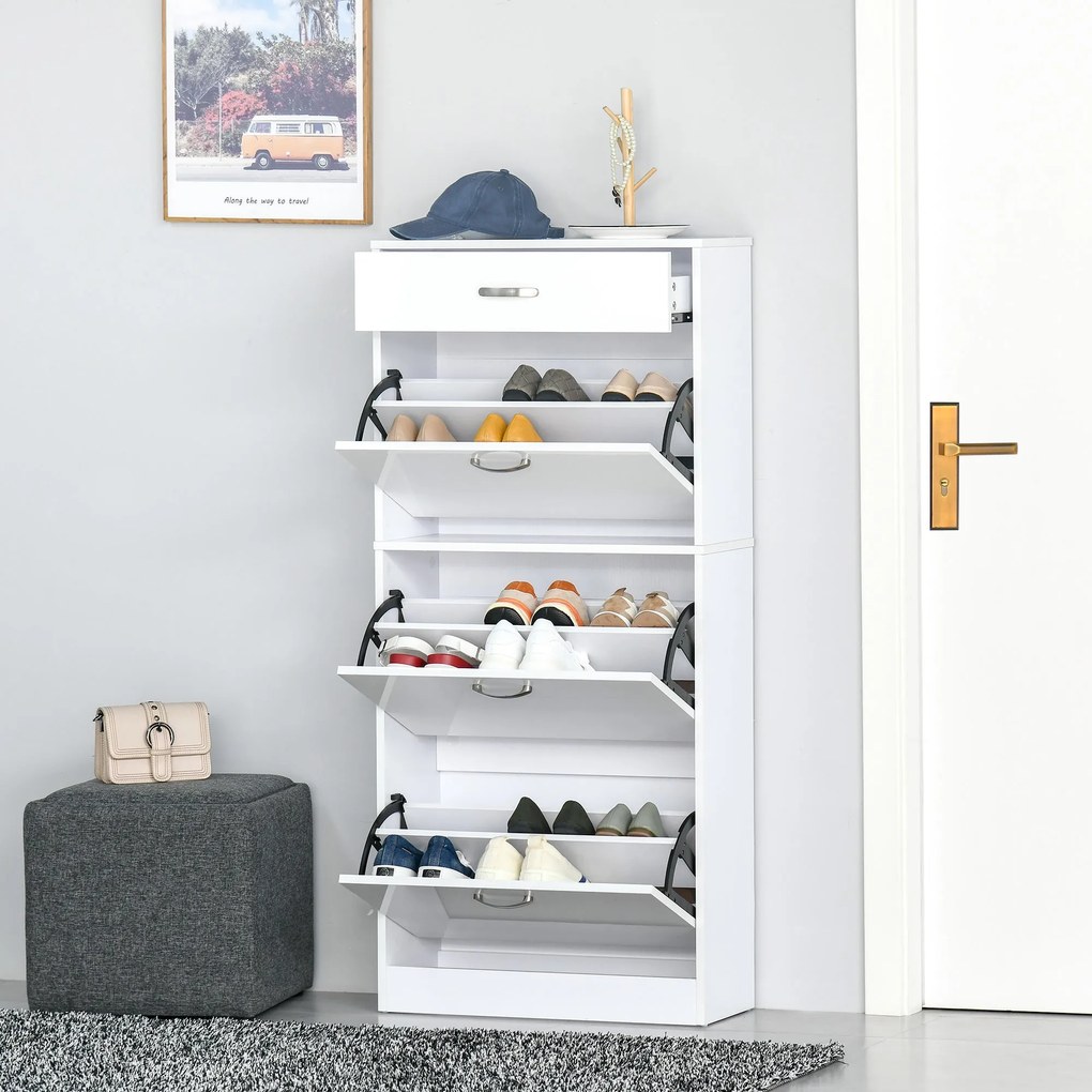 HOMCOM Skříň na boty - 3 skládací dveře a posuvná zásuvka - rozměry 62Š x 24H x 135V cm - hliníkové úchyty. Dřevotříska Bílá