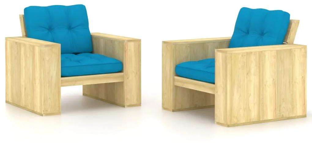 Zahradní židle 2 ks s modrými poduškami impregnovaná borovice,  3065793