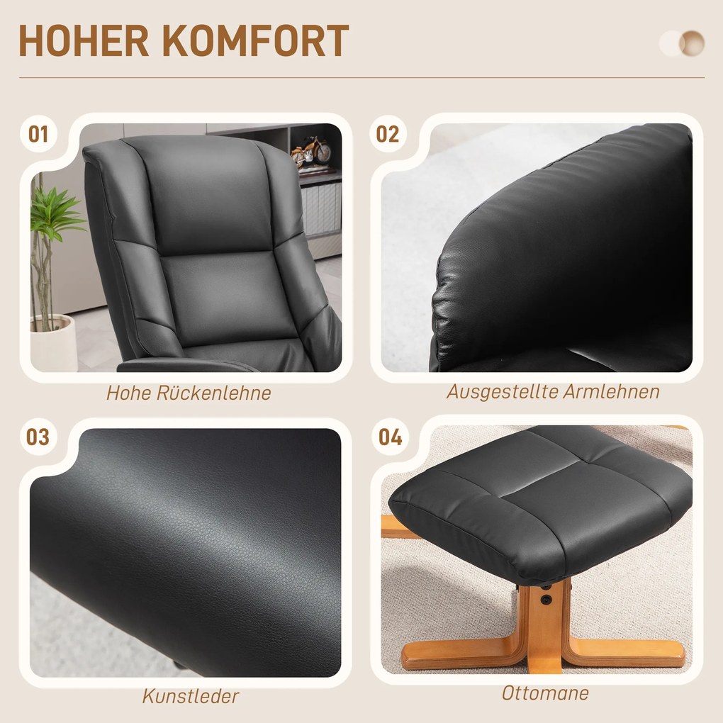 HOMCOM Relaxační křeslo s taburetem otočné o 360° naklápěcí o 130° s funkcí polohování vysoké opěradlo dřevěný rám umělá kůže černá 76x85x104cm | Aos…