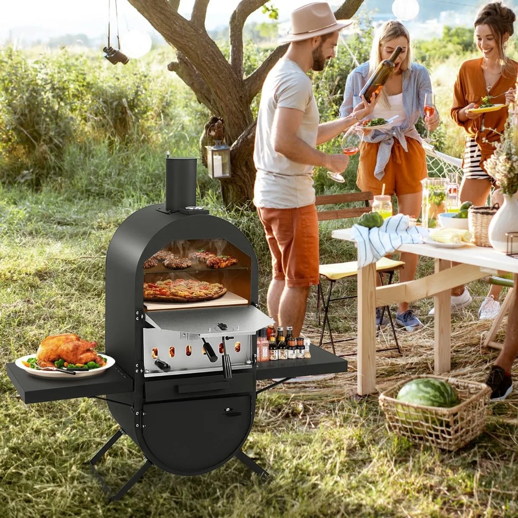 Costway Venkovní pizza pec s bočními policemi grilovací rošt vyrobený z nerezové
