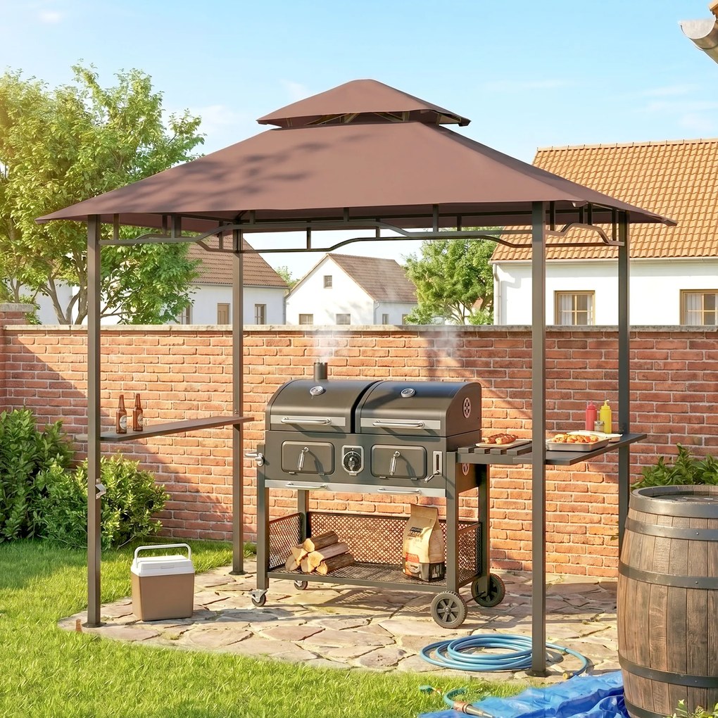 Grilovací pavilon Outsunny – zahradní stříška s policemi, nehořlavá dvojitá střecha, káva hnědá 245 x 148 x 252 cm