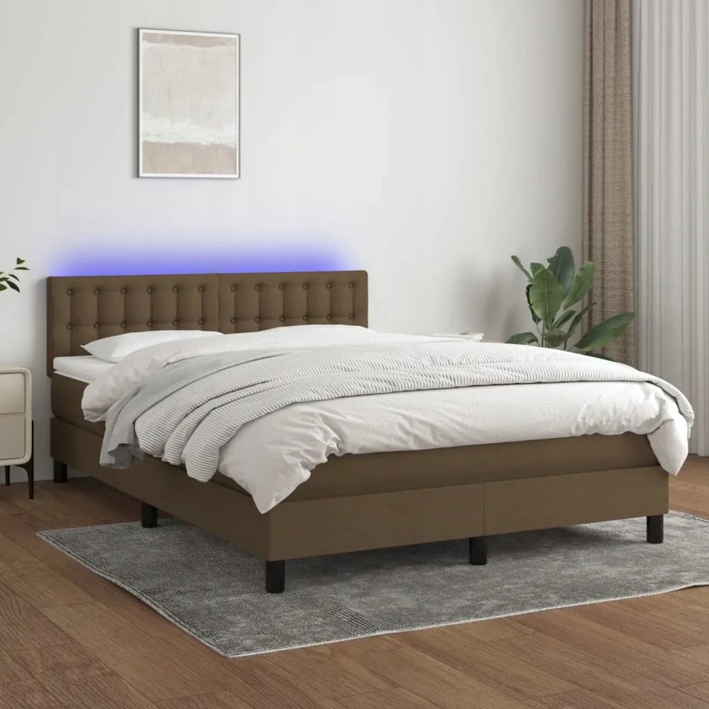 Box Spring Postel S Matrací A Led Textil Tmavě Hnědá tlačítka 140 x 200 c