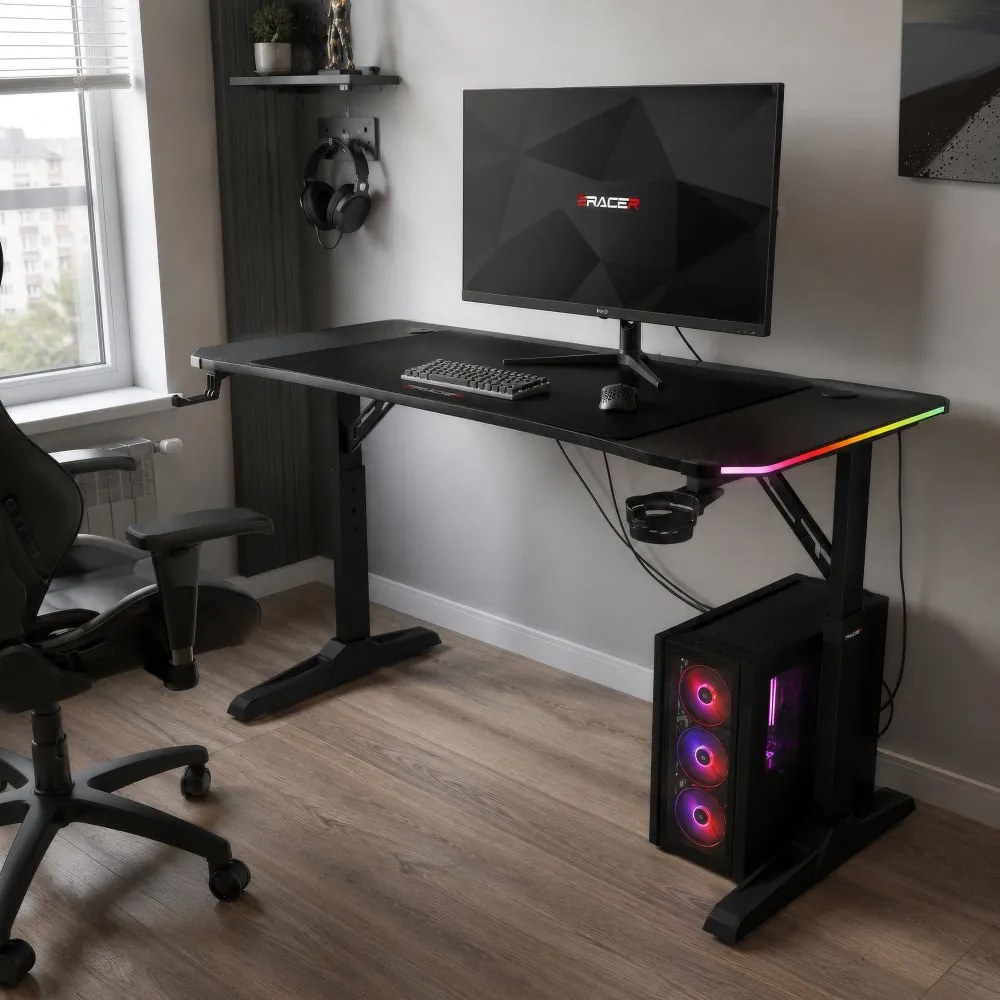 Výškově nastavitelný herní stůl ERACER H1212 — 120x60 cm, kov, melamin, černá, RGB podsvícení