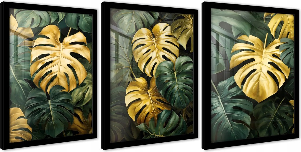 Obrazy Na Zeď V Rámu Plakáty Triptych Listy Monstera Zlaté 43x99