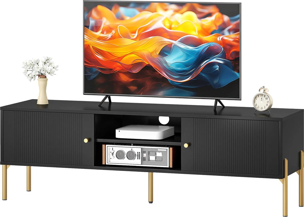 HOMCOM TV nábytek pro televizory až do 165,1 cm, žebrované dveře, otevřené přihrádky, kovové nohy, 140 x 38 x 45,9 cm, černé