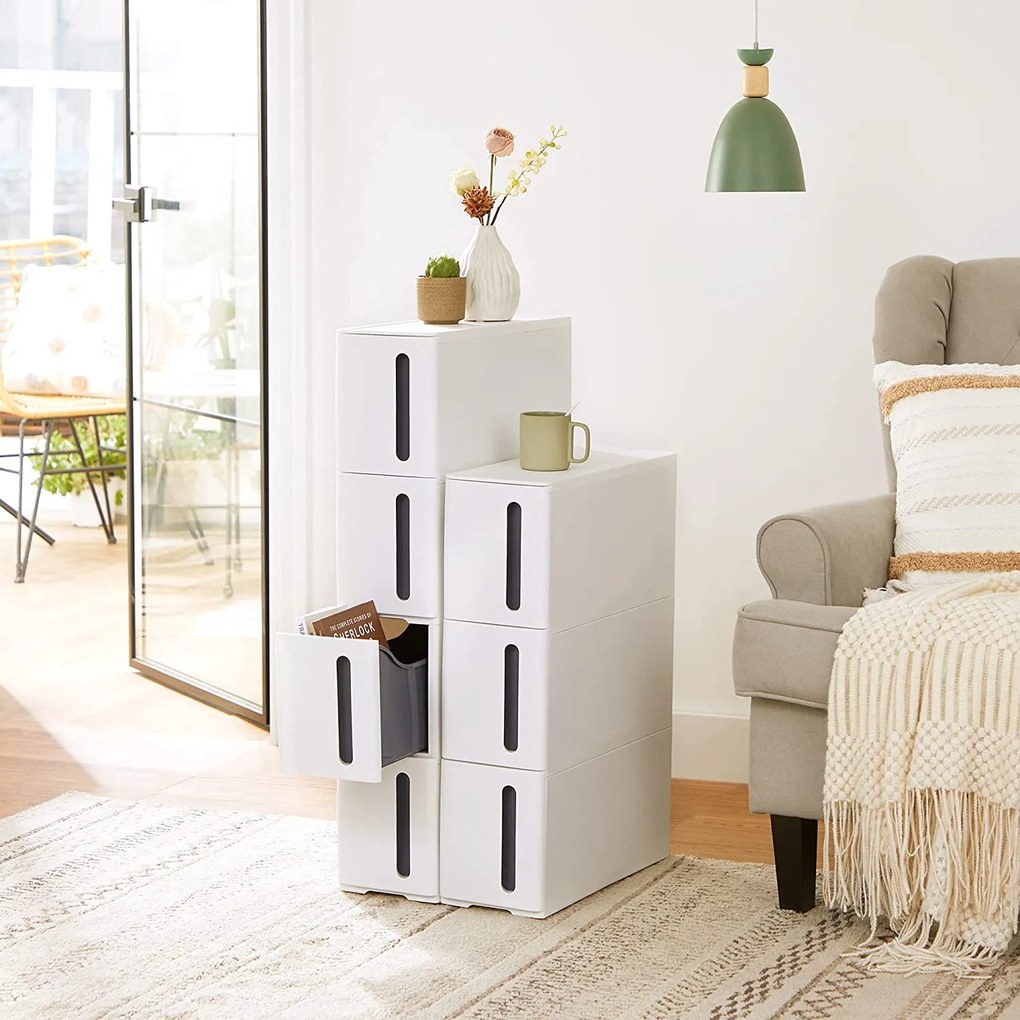 Úzký úložný vozík se 4 zásuvkami, plastový pojízdný zásuvkový box 45x17x83 cm, bílý-šedý