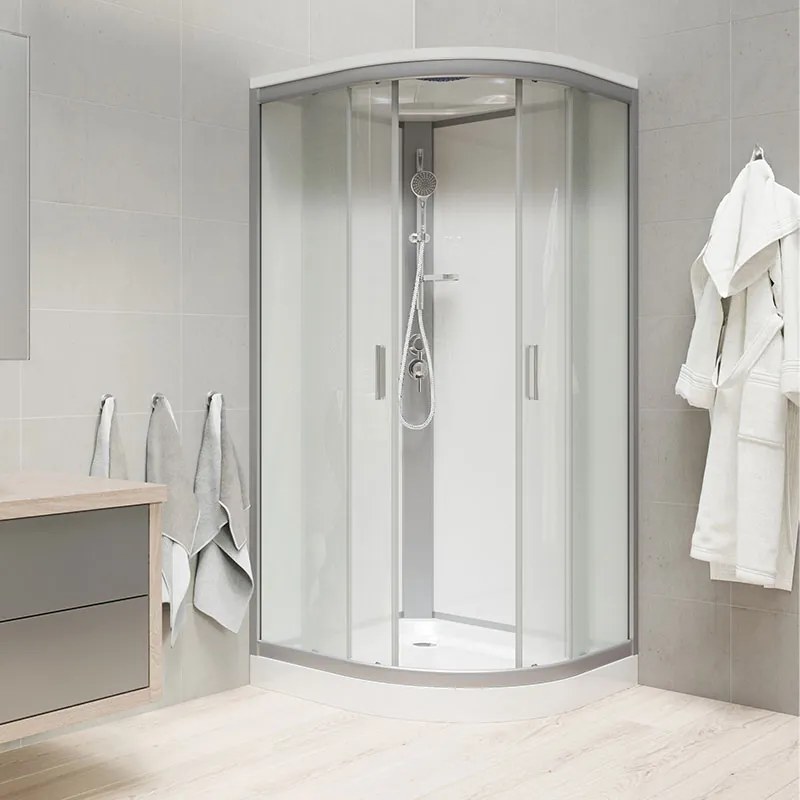 Mereo Mereo, Sprchový box, čtvrtkruh, se stříškou, s vaničkou R550, satin ALU, sklo Point, zadní stěny bílé, CK35172KBSW