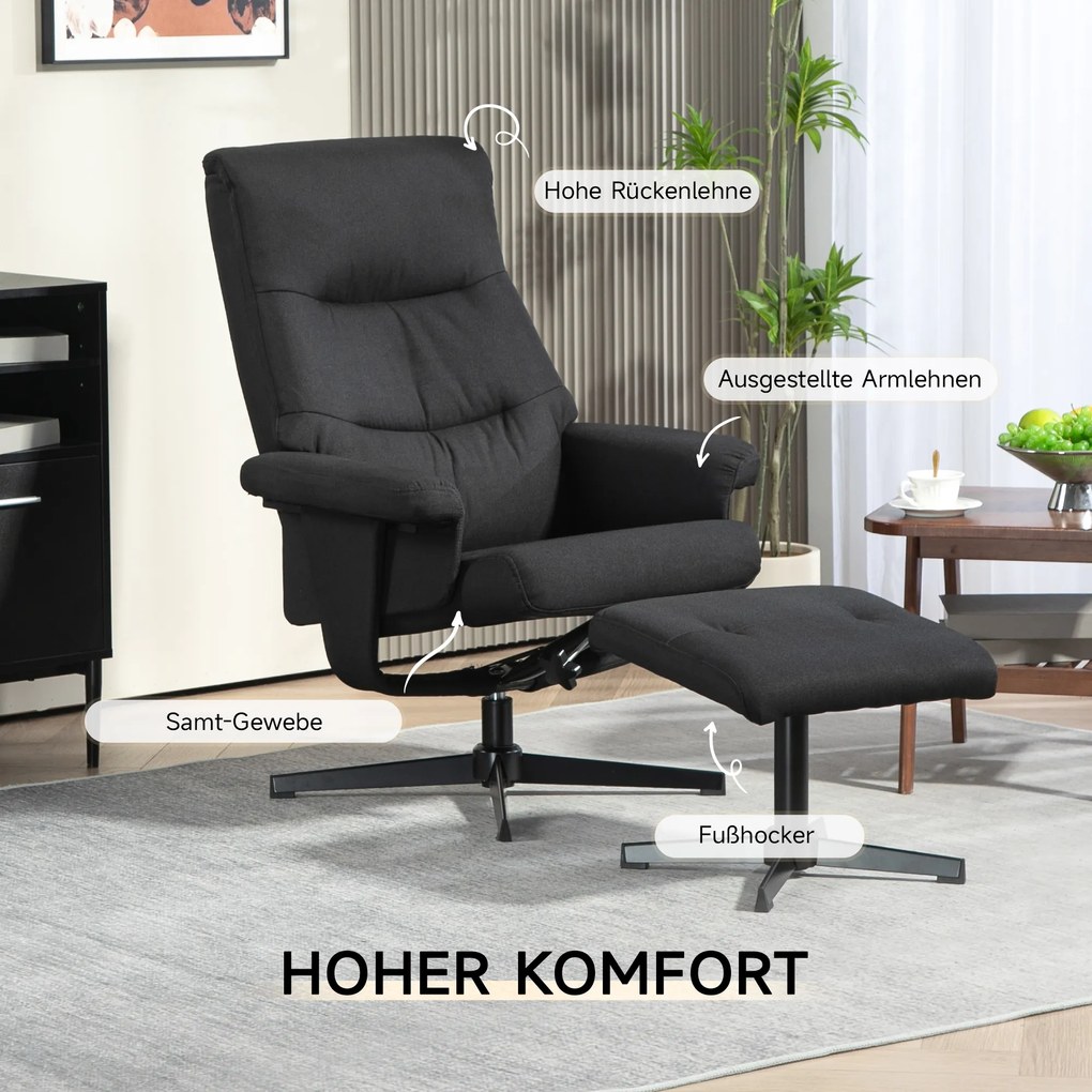 HOMCOM Relaxační křeslo s taburetem, čalouněné TV křeslo s funkcí polohování, houpací funkce, otočné polohovací křeslo se sametovým vzhledem, do obýv…