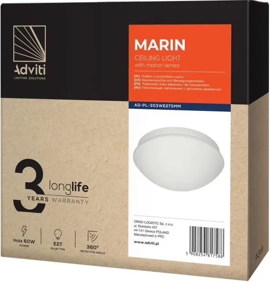 Svítidlo se snímačem pohybu MARIN AD-PL-303WE27SMM ,sklo, E27, 60W, IP20