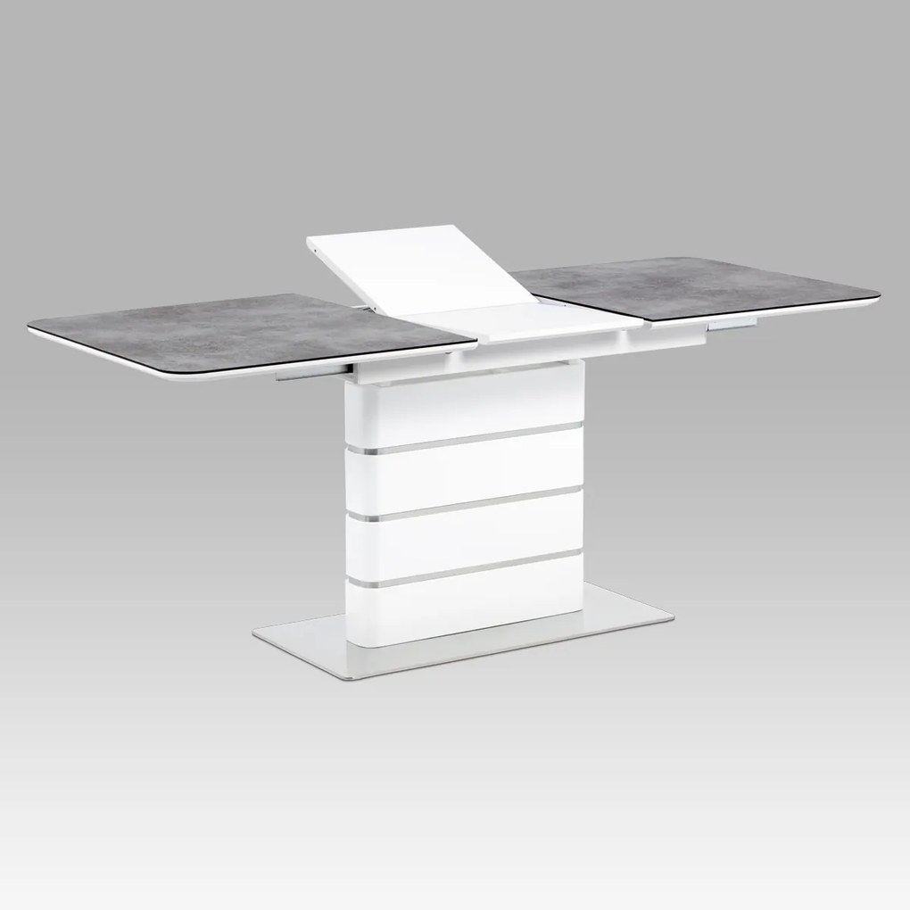 Artium Jídelní stůl 140+40x80, šedé sklo, bílý vysoký lesk MDF, broušený nerez -  HT-455 GREY
