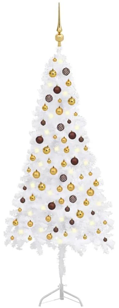 3077949 vidaXL Rohový umělý vánoční stromek s LED a sadou koulí bílý 180cm PVC