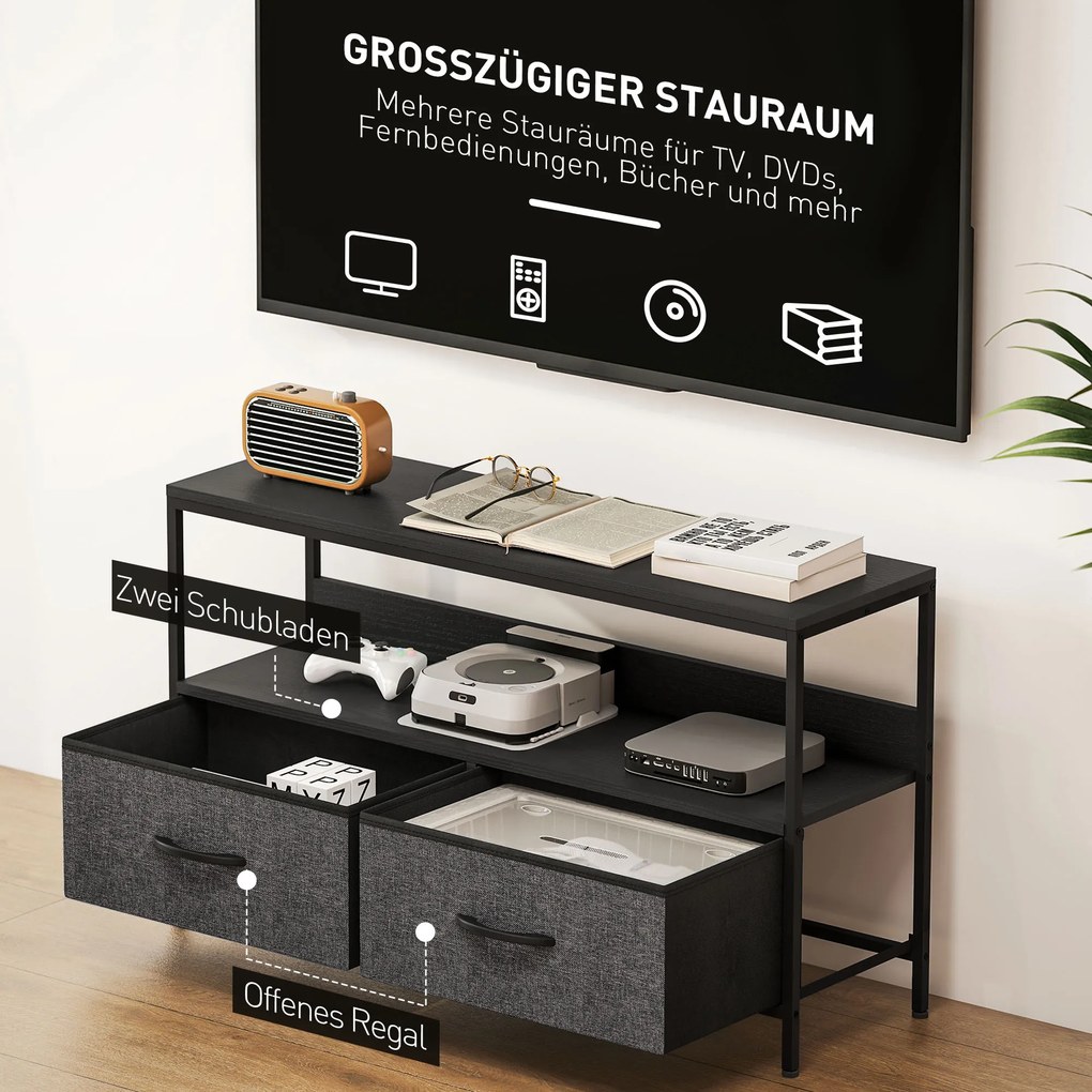 HOMCOM TV skříňka Lowboard se 2 zásuvkami, otevřeným prostorem, pro televizory do 47 palců, 98 x 29 x 56 cm, černá + tmavě šedá