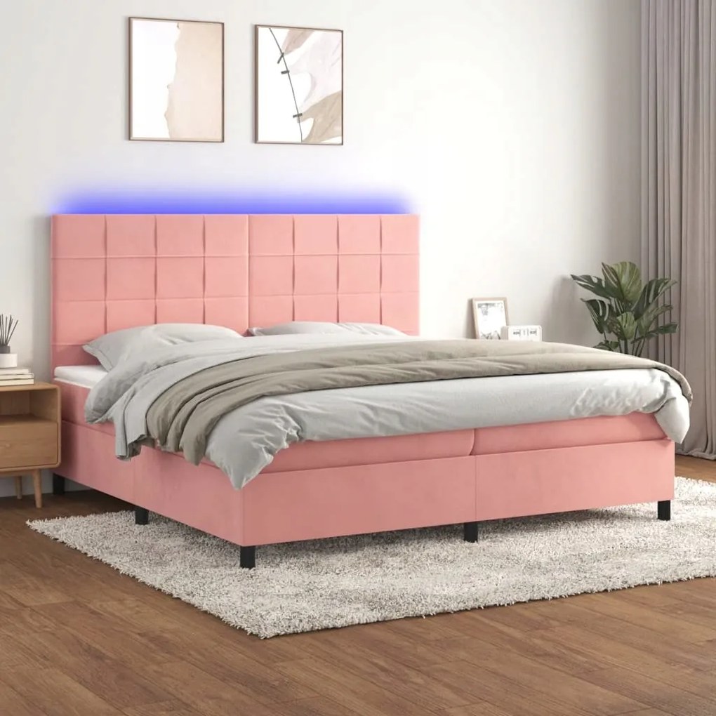 Box Spring Postel S Matrací A Led Samet Růžová Blok se čtverci 200 x 200