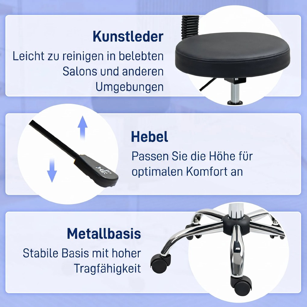 HOMCOM Otočné Křeslo na Kolečkách s Opěradlem – Pracovní Křeslo s Nastavitelnou Výškou 78-93 cm, Potah z Umělé Kůže, Černé