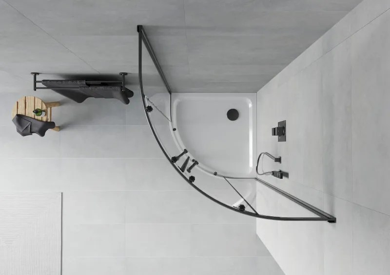 Mexen Rio, čtvrtkruhový sprchový kout 90 x 90 cm, 6mm čiré sklo, černý profil + bílá sprchová vanička, 863-090-090-70-00-4110B