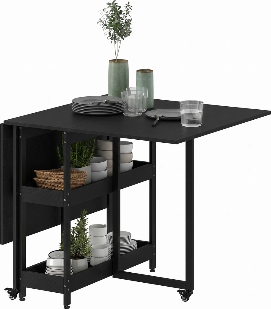 HOMCOM Skládací jídelní stůl v průmyslovém designu, pro až 4 osoby, otevřené police, flexibilní, kov, dřevotříska, černá
