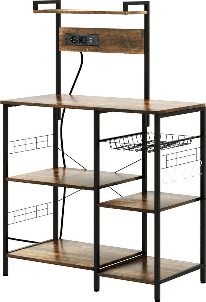 HOMCOM kuchyňský nábytek se zabudovanými zásuvkami pro mikrovlnnou troubu s policemi, industriální styl, 90 x 42 x 130 cm, hnědá