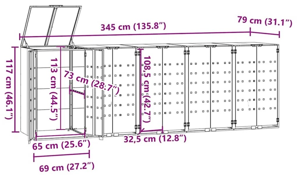 vidaXL Box na 5 popelnic černý 345 x 79 x 117 cm ocel